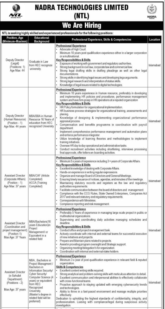 NTL Jobs 2026 NADRA Technologies Limited Online Apply