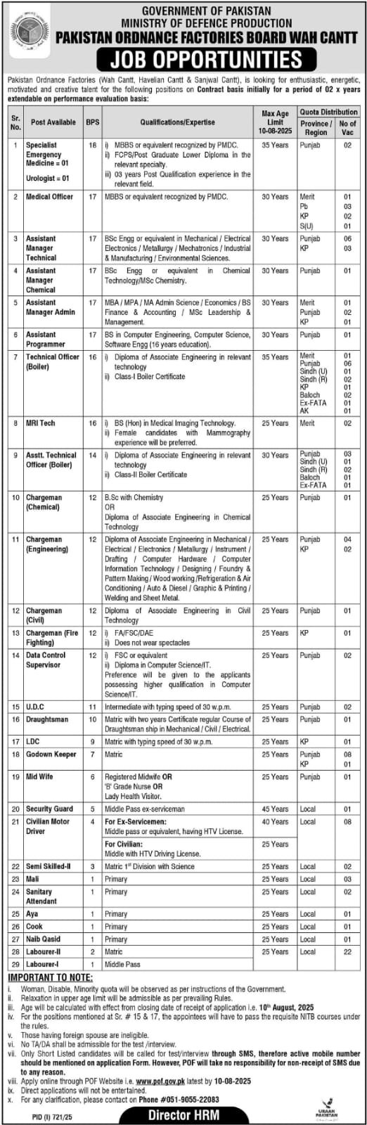 POF Jobs 2026 – Apply Now | Pakistan Ordnance Factories