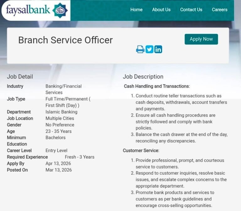Faysal Bank Careers 2026: Apply for Branch Service Officer (BSO) Jobs ...